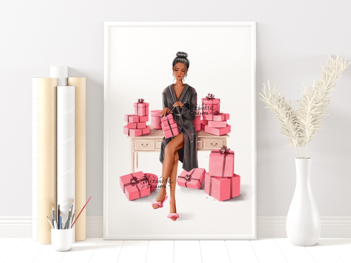 Digital Watercolor Illustration Fashion Girl Trendy Black Robe - Etsy