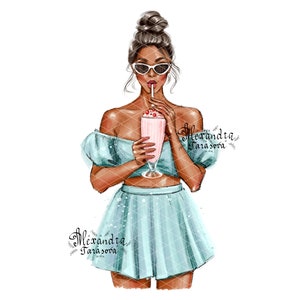 Digital Watercolor Illustration Summer Cocktail Stylish Girl Blue Dress ...