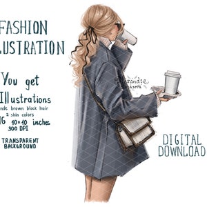 Digital Watercolor Illustration Fashion Girl Black Jacket Coffee Cup ...