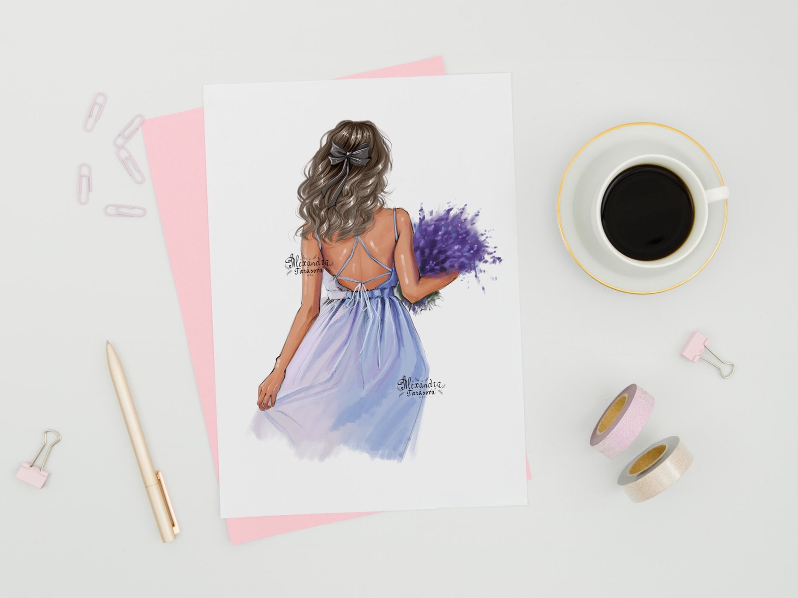 Digital Watercolor Illustration Fashion Girl Blue Dress Summer Holiday ...