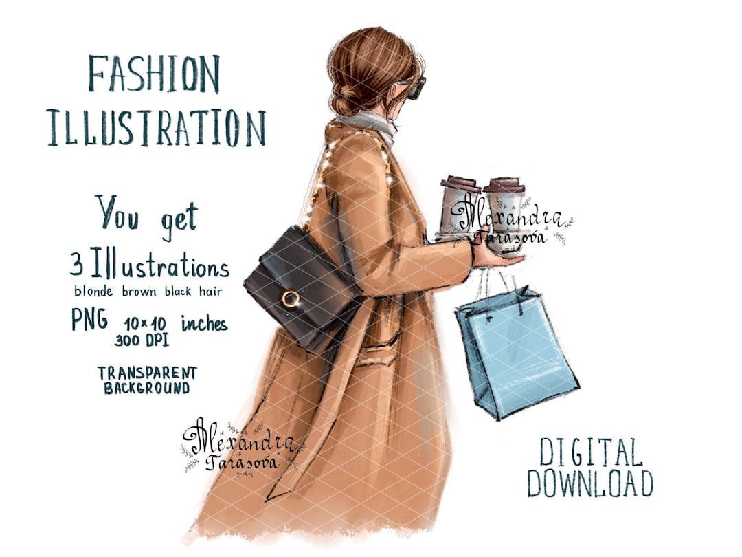 Digital Watercolor Illustration Fashion Girl Trendy Coat Stylish ...