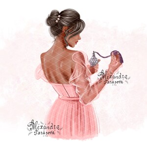 Digital Illustration Fashion Girl Trendy Pink Dress Wavy Hairstyles Bun ...