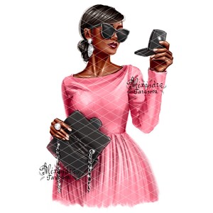 Digital Watercolor Illustration Fashion Girl Trendy Pink Dress Stylish ...