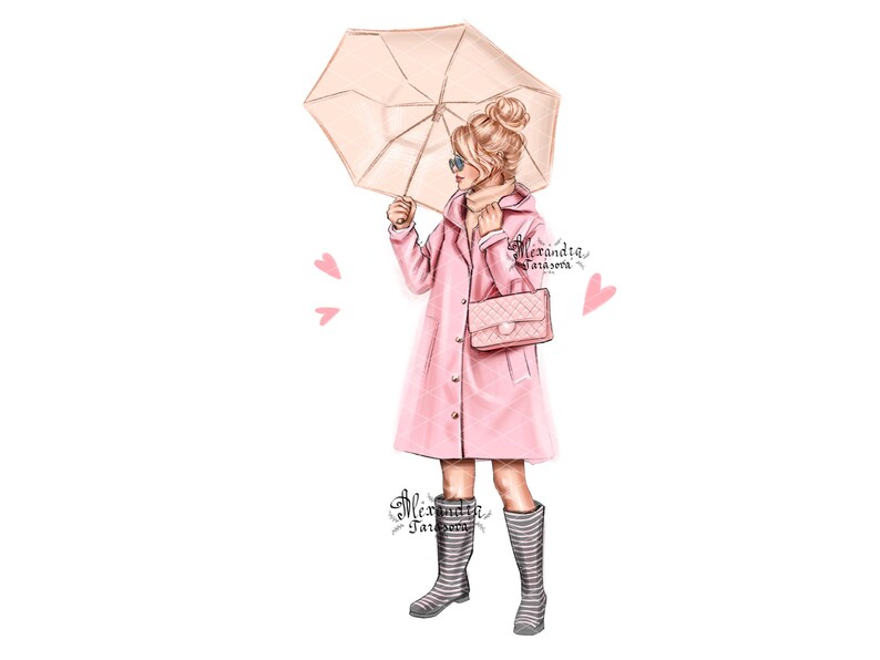 Digital Watercolor Illustration Fashion Girl Pink Trench Coat | Etsy