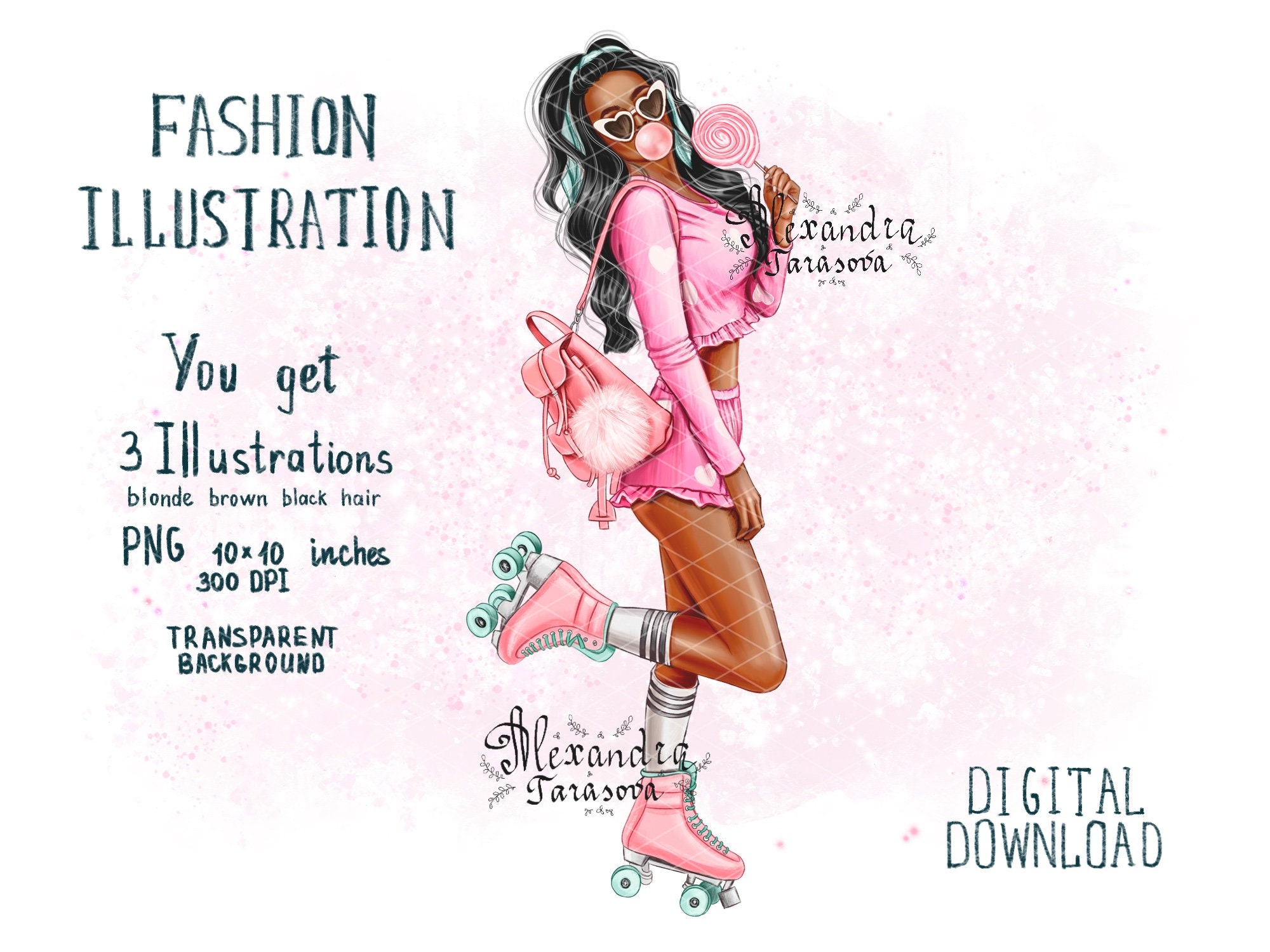 Digital Watercolor Illustration Fashion Girl Trendy Hairstyles Summer ...