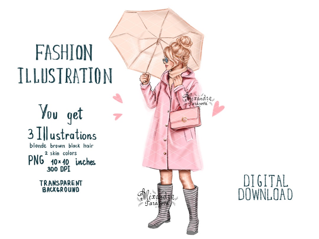 Digital Watercolor Illustration Fashion Girl Pink Trench Coat Stylish ...