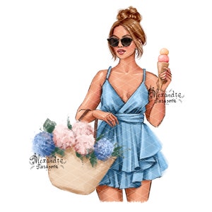 Digital Illustration Watercolor Painting Fashion Girl Summer Flowers ...