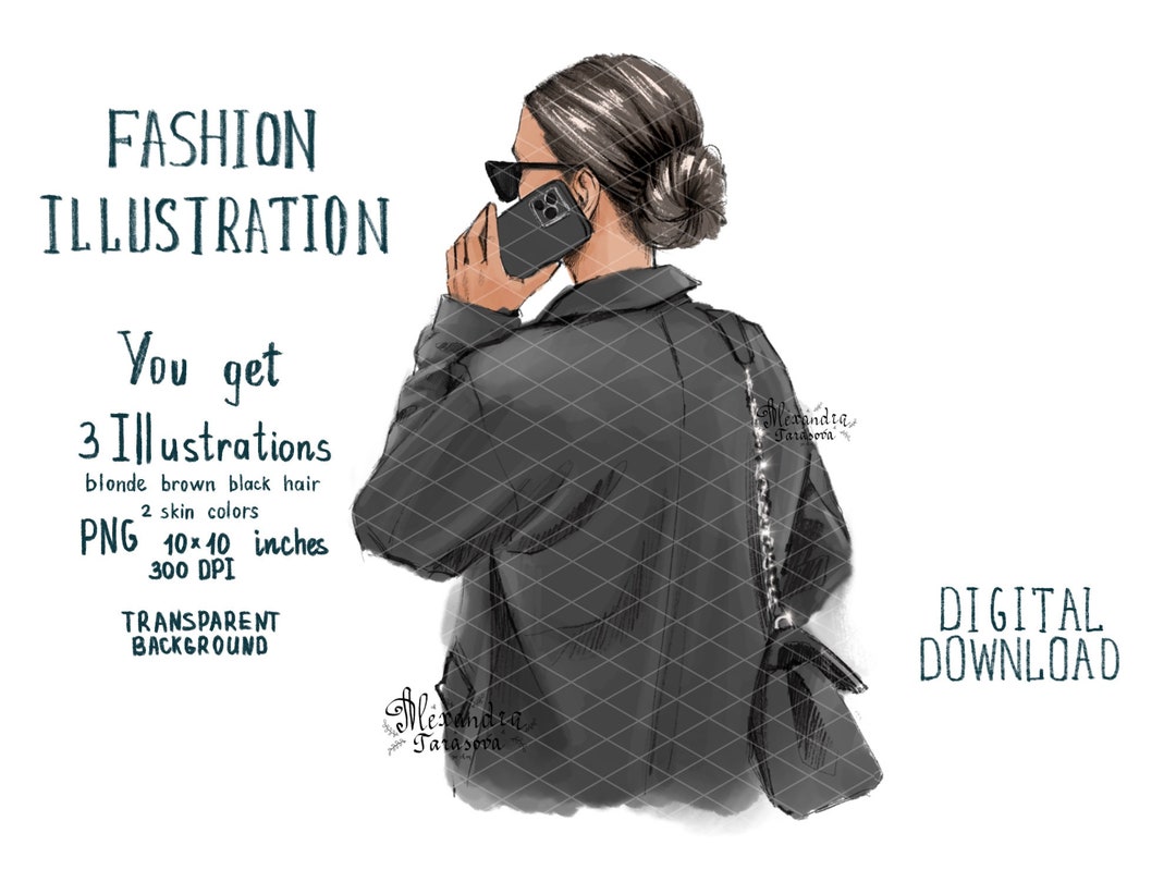 Digital Watercolor Illustration Fashion Girl Black Jacket Stylish ...