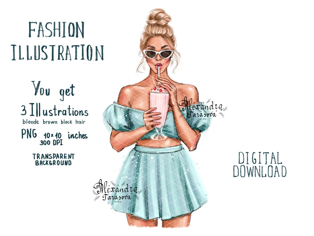 Digital Watercolor Illustration Summer Cocktail Stylish Girl Blue Dress ...