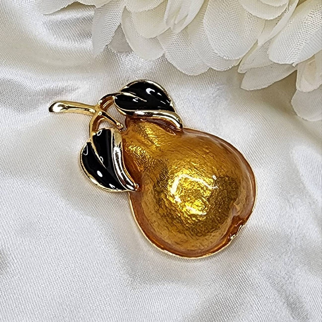 Vintage Gold Tone Enamel Figural Pear Brooch - Etsy