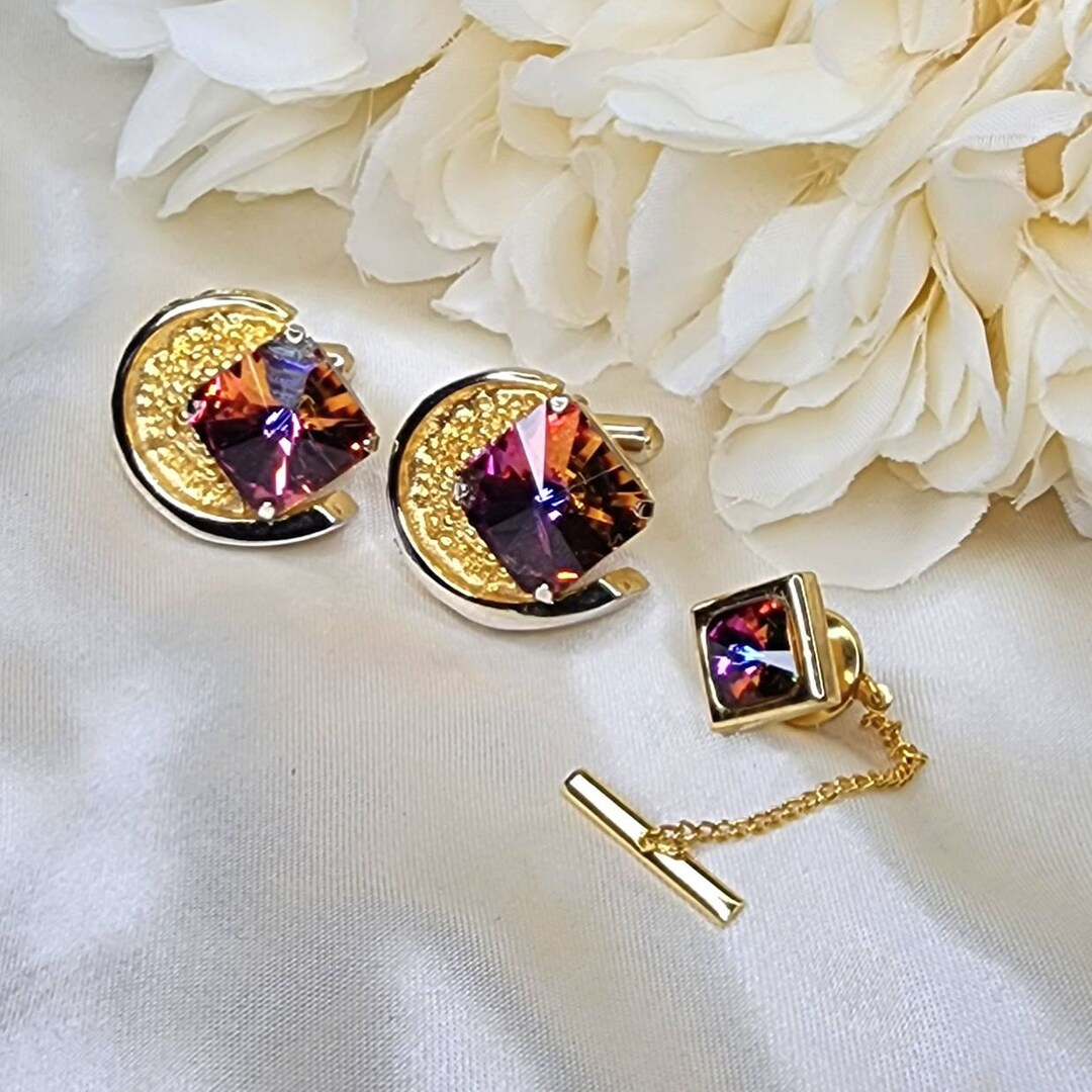 Vintage Gold Tone Rivoli Rhinestone Cufflinks & Tie Tack Set - Etsy