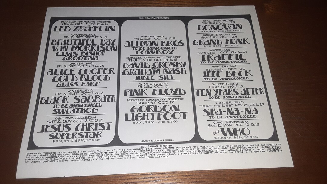 Led Zeppelin, Pink Floyd, the Who 1971 Handbill Postcard - Bill Graham ...
