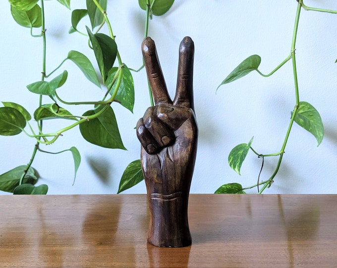 Wood Carved Peace Sign Hand Sculpture 8" || Peace Symbol Statue ...