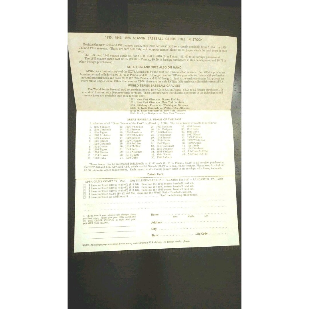 APBA Baseball Ephemera Lot – 1941 Season Flyer + 2 1980 Inserts ...