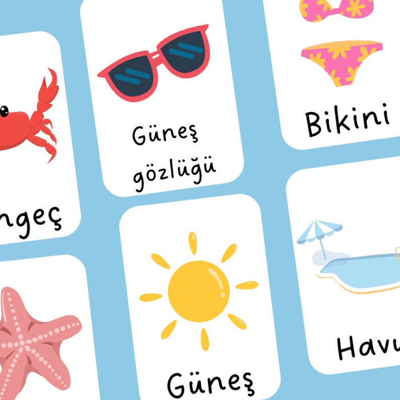 18 Turkish Flashcards, Summer Vocabulary in Turkish, Turkish Learning ...
