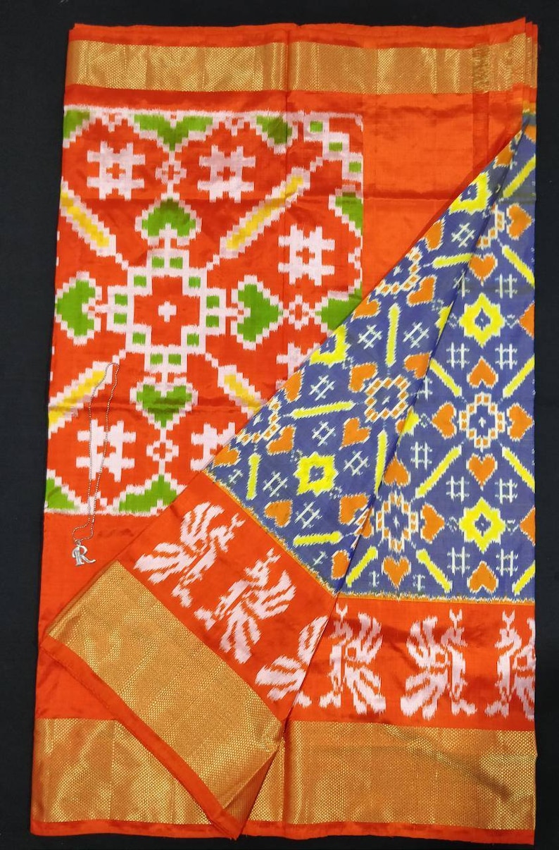 Pochampally ikkat blue silk saree with orangePure pochampally | Etsy