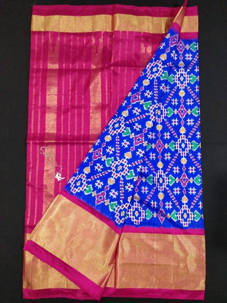 Pochampally Ikkat Blue Silk Saree With Pinkpure Pochampally | Etsy