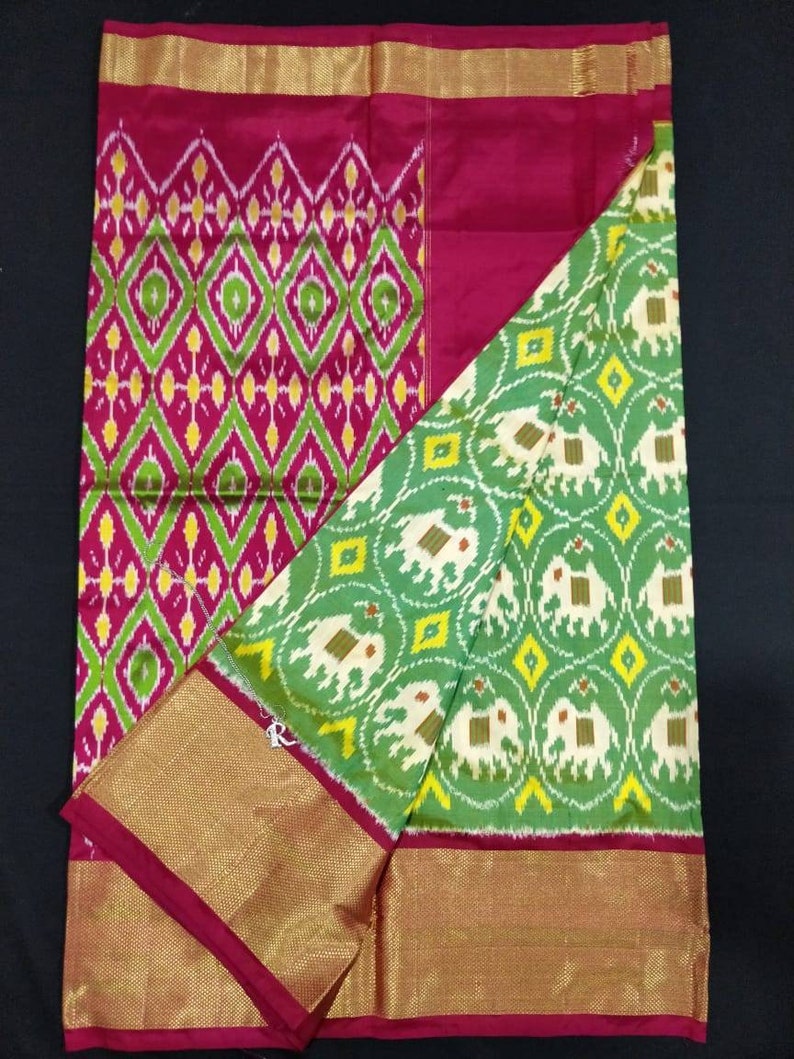 Pochampally ikkat green silk saree with redPure pochampally | Etsy