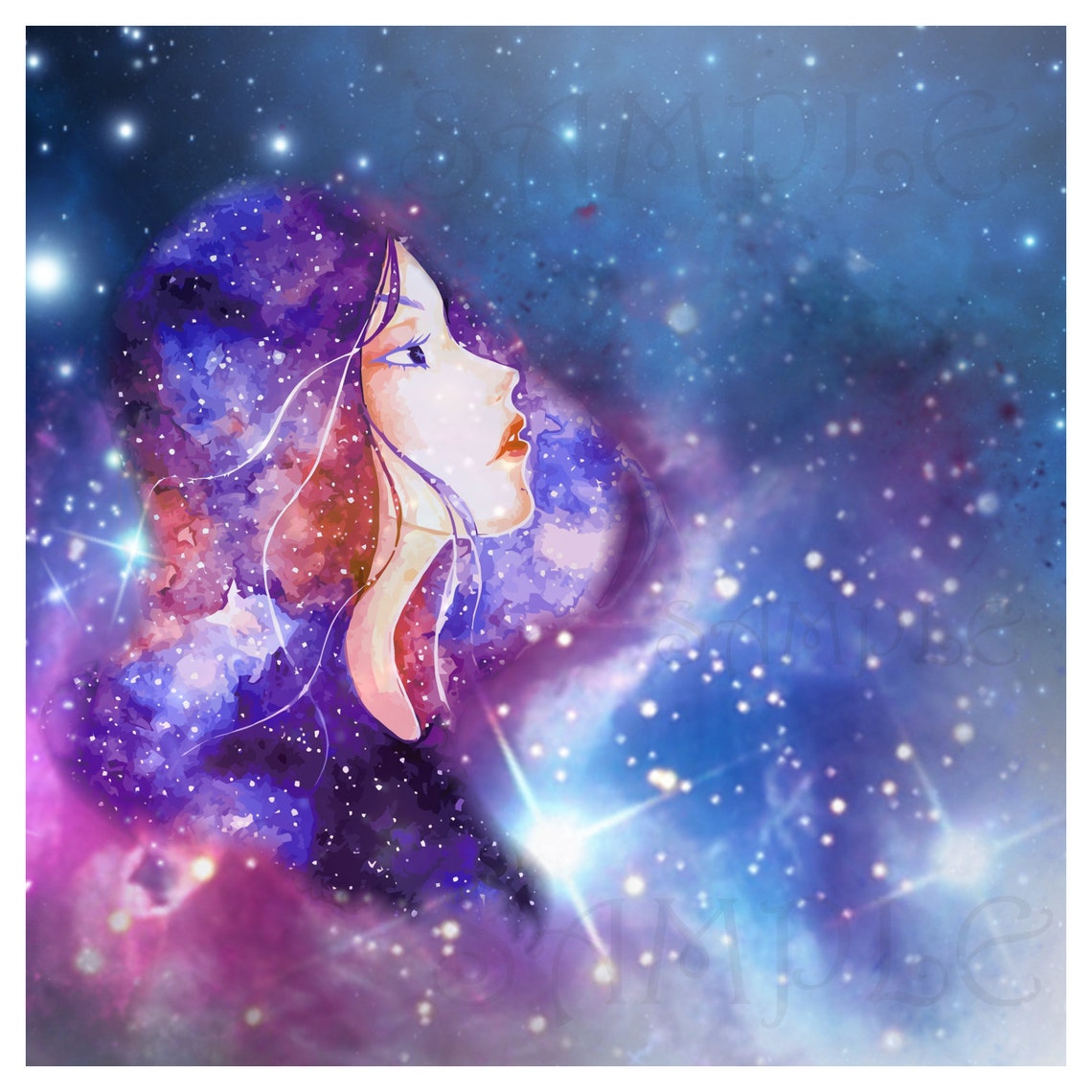 Girl's Side Profile, Sky Watching on a Blue Starry Night. Perfect for ...