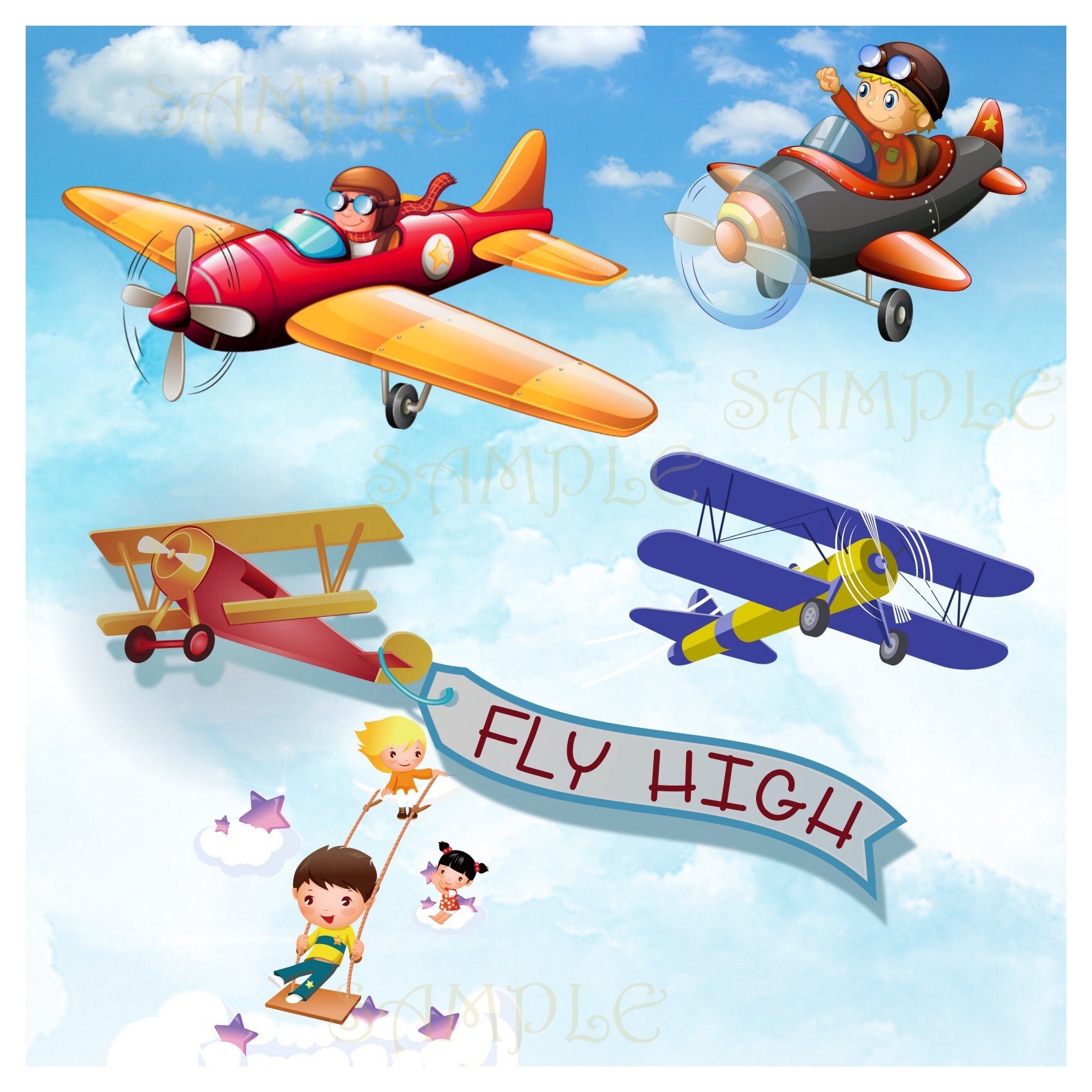 Funny Old Airplanes With the Sign 'fly High' and Kids Playing - Etsy