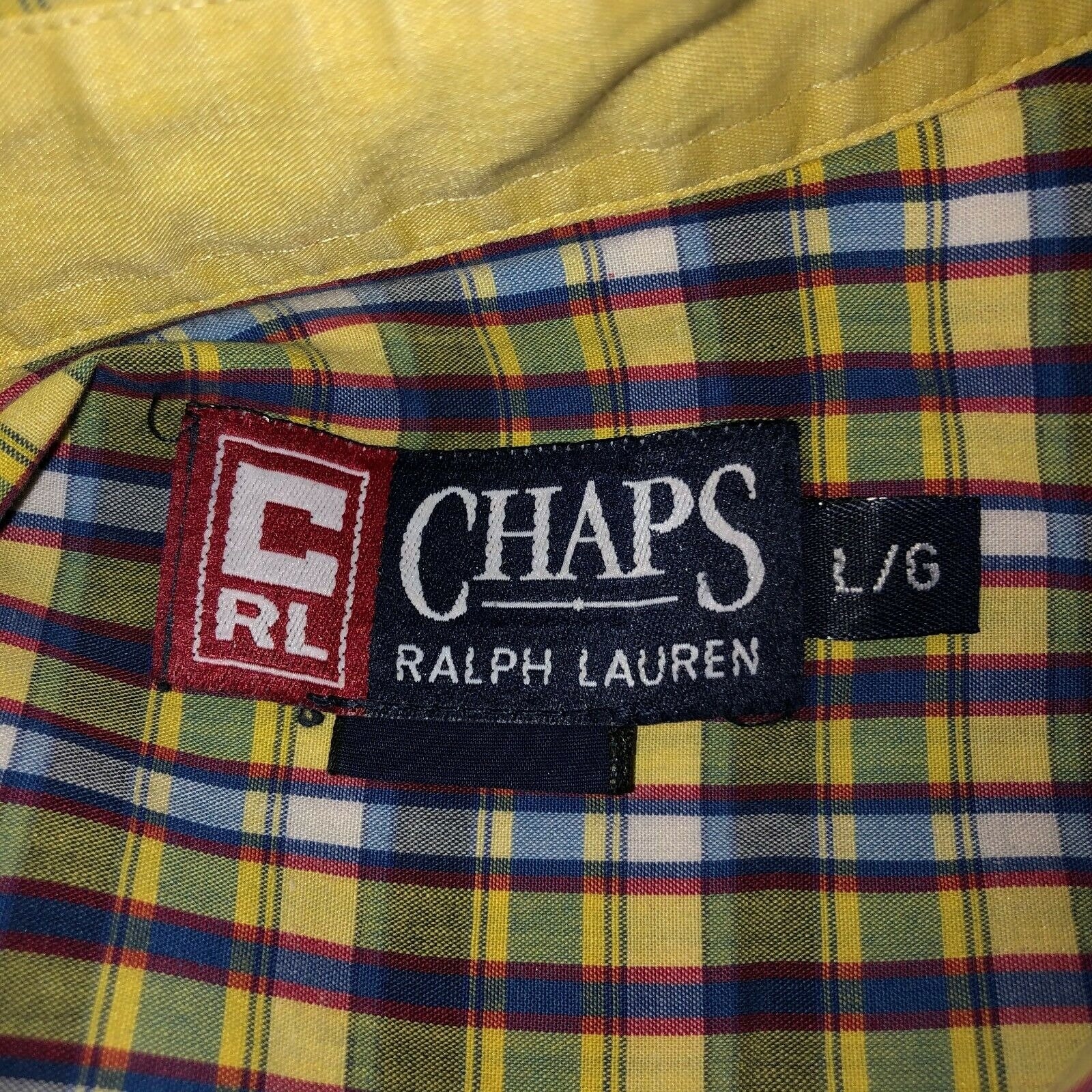 Chaps Ralph Lauren Vintage Mens Large Yellow Plaid Short Sleeve Button ...