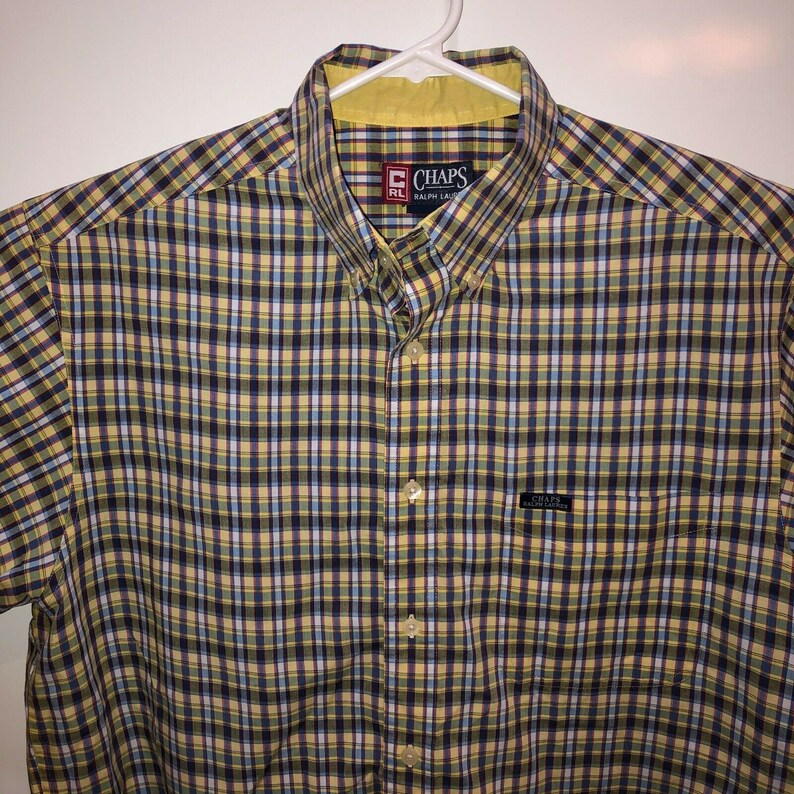 Chaps Ralph Lauren Vintage Mens Large Yellow Plaid Short Sleeve Button ...