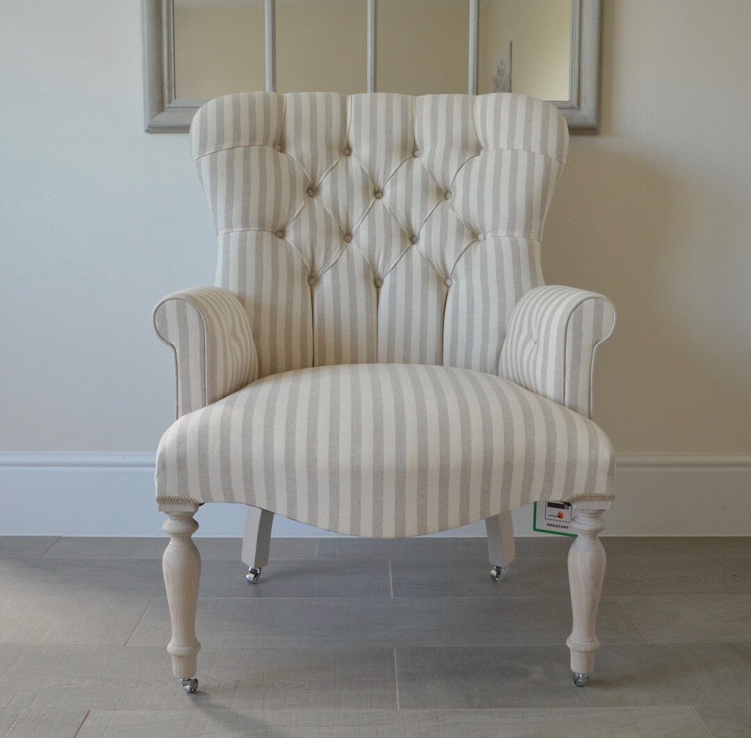 Armchair Chair Seat White & Grey Stripe Linen. Handmade in UK - Etsy UK