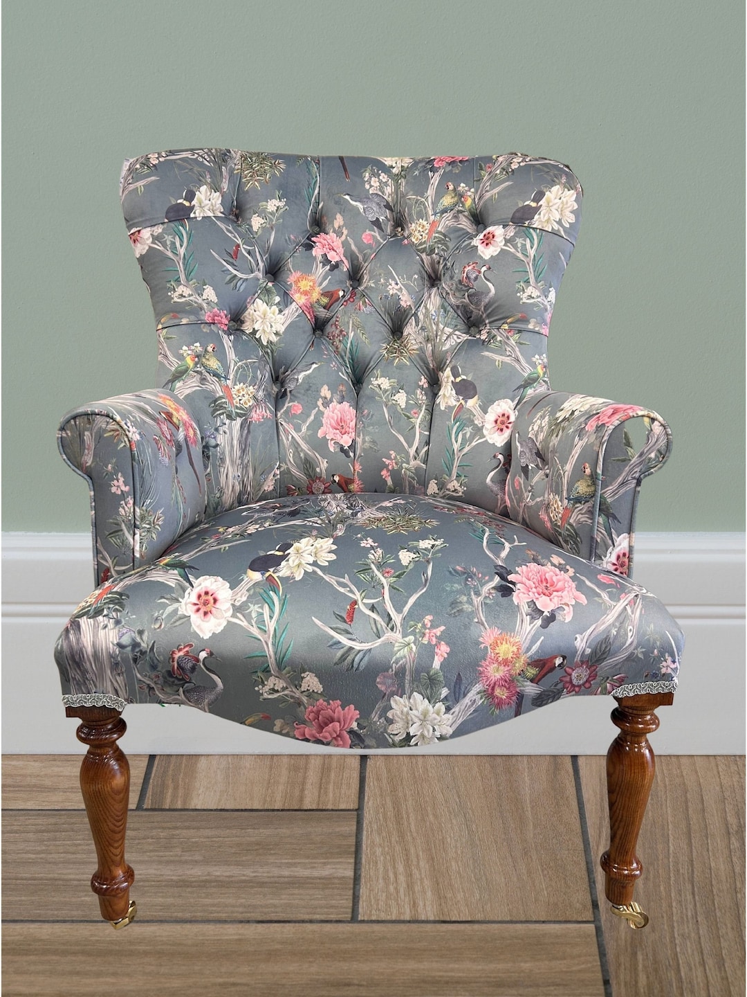 Armchair Chair Seat in a Printed Floral Tree Birds Parrot Design on a ...