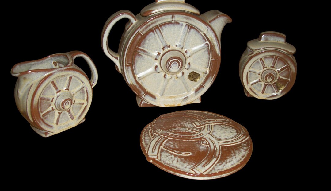 Vintage Antique Frankoma Wagon Wheel Pottery Teapot Sugar Creamer ...