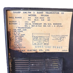 Sharp AM/FM 2 Band Transistor 10 Japan Radio Model FX-506 With Case ...