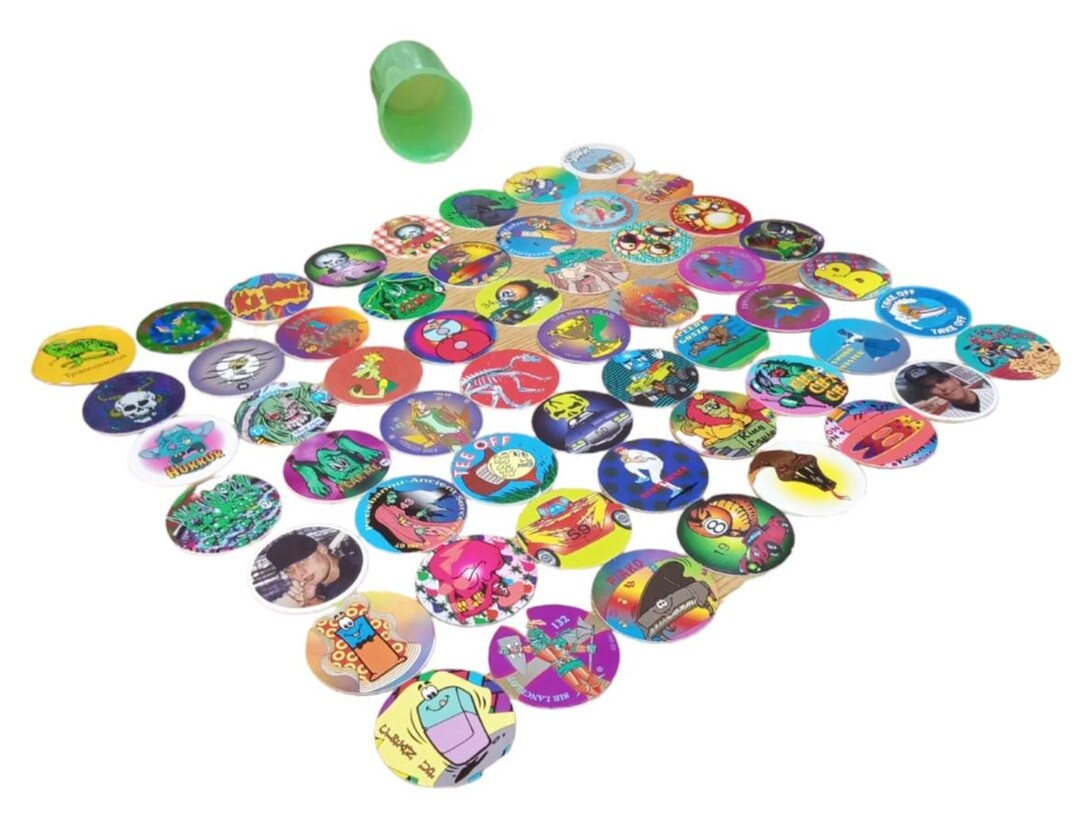 Pogs/milk Caps Lot of 56 With Storage Tube Retro Collectible Nostalgic ...