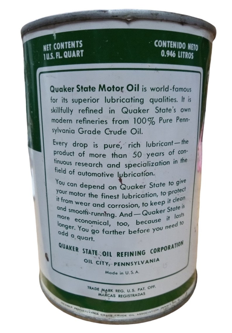 Quaker State Motor Oil Can Vintage Collectible Automotive Care Garage ...