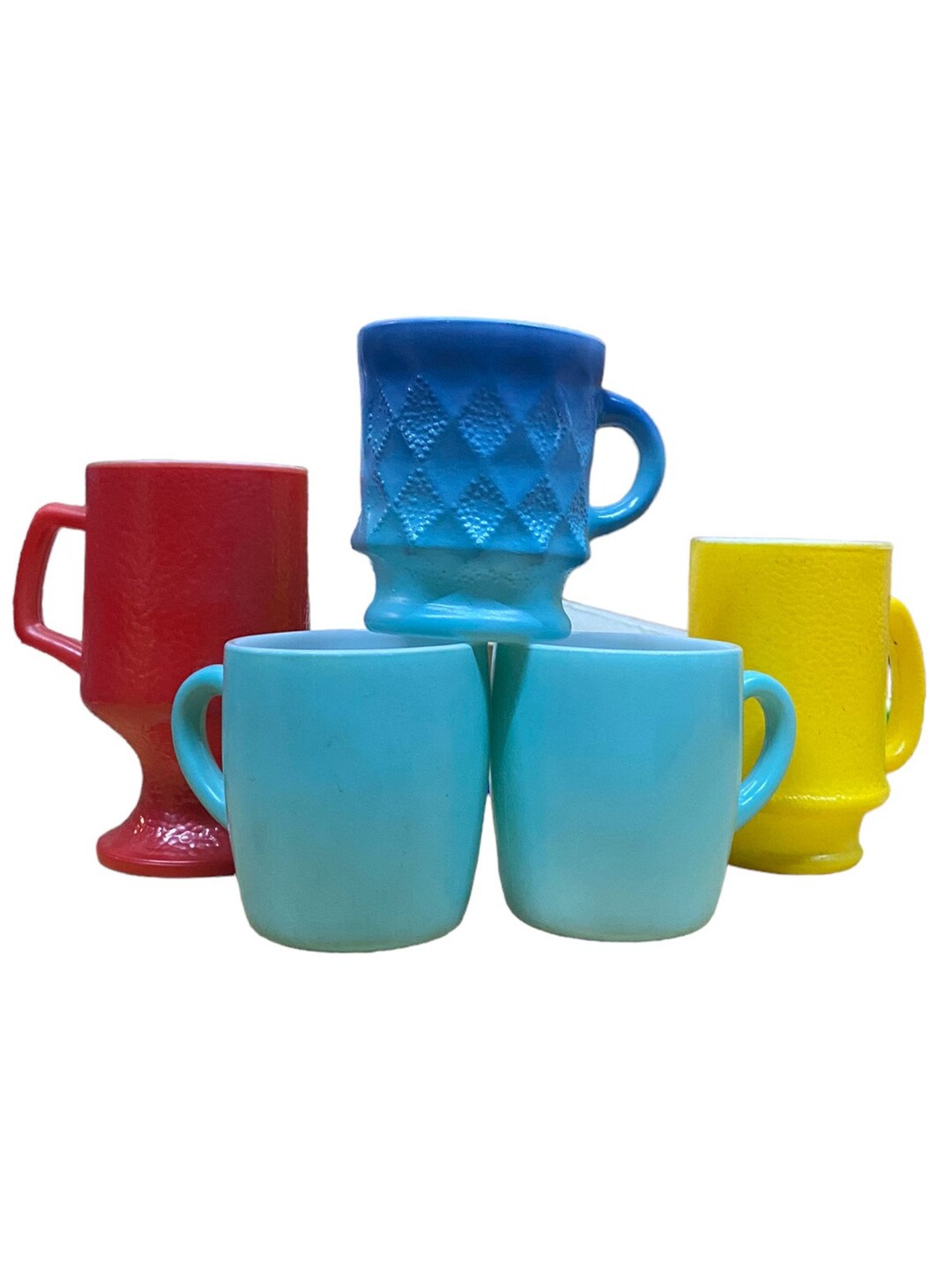 5 Mugs Antique Anchor Hocking Fire King Others Vintage Red Yellow Robin ...