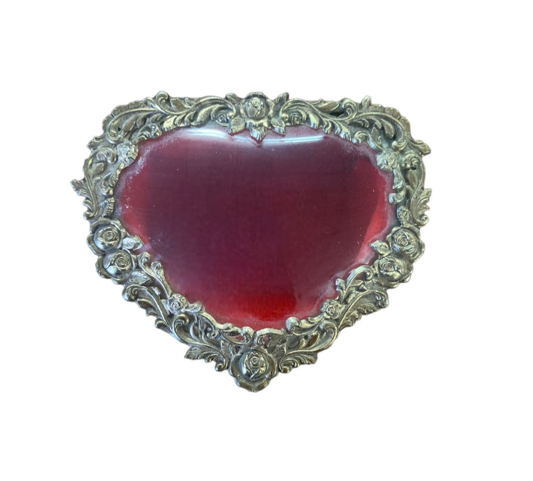 Vintage Heart Shape Red Velvet Convex Glass Lid Rose Trinket Box ...