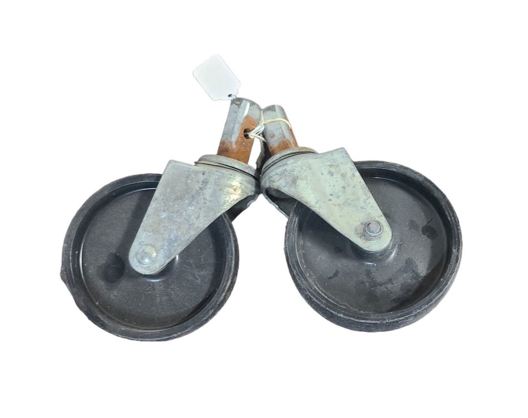 Vintage Set of Two Industrial Rubber Roller Wheel Metal Casters Rustic ...