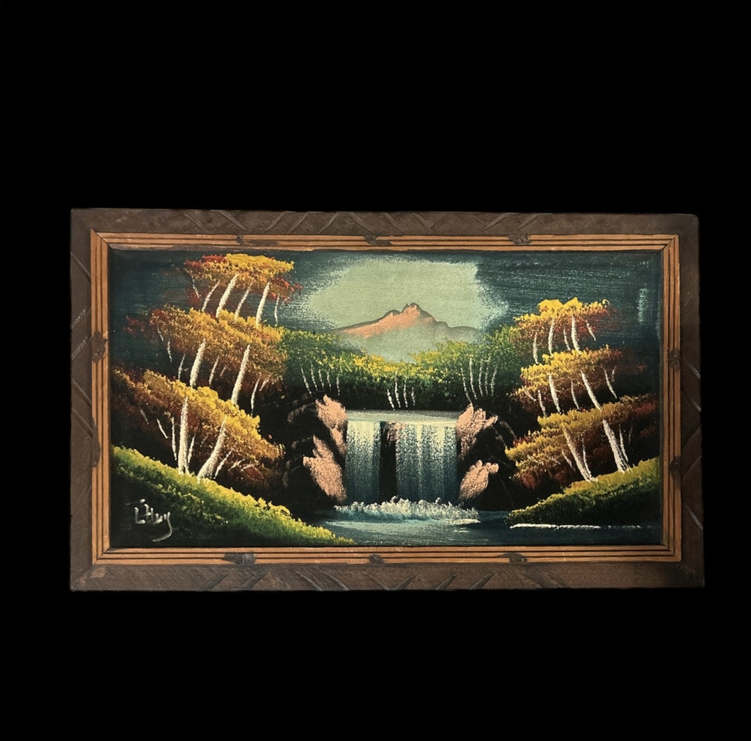 Vintage 1970s Waterfall Scenery Felt Painting With Lifted Wood Frame ...