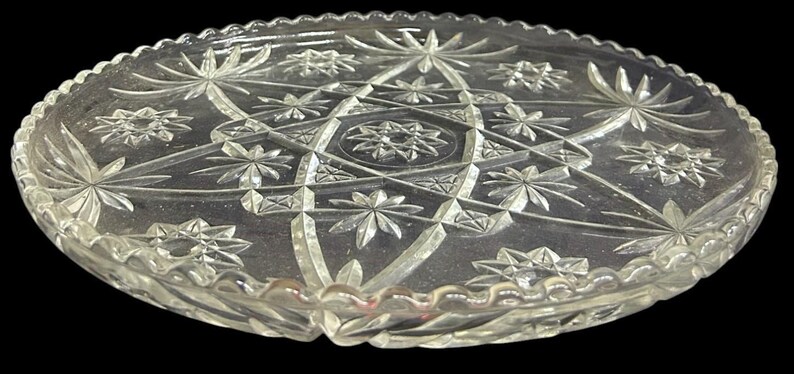 Prescut Cut Glass Cake Plate Antique Star Fan Vintage Round Tray ...