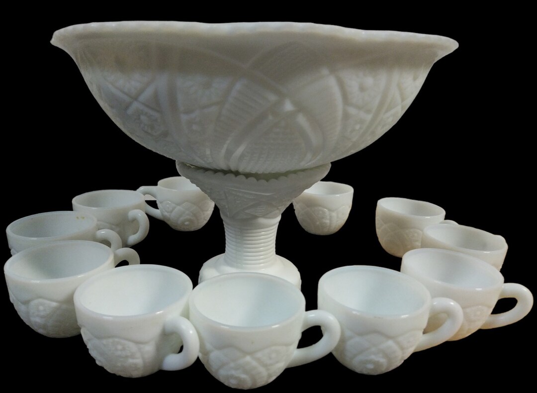 Vintage Mid Century 1950s White Milk Glass Mckee Concord Thatcher Punch ...