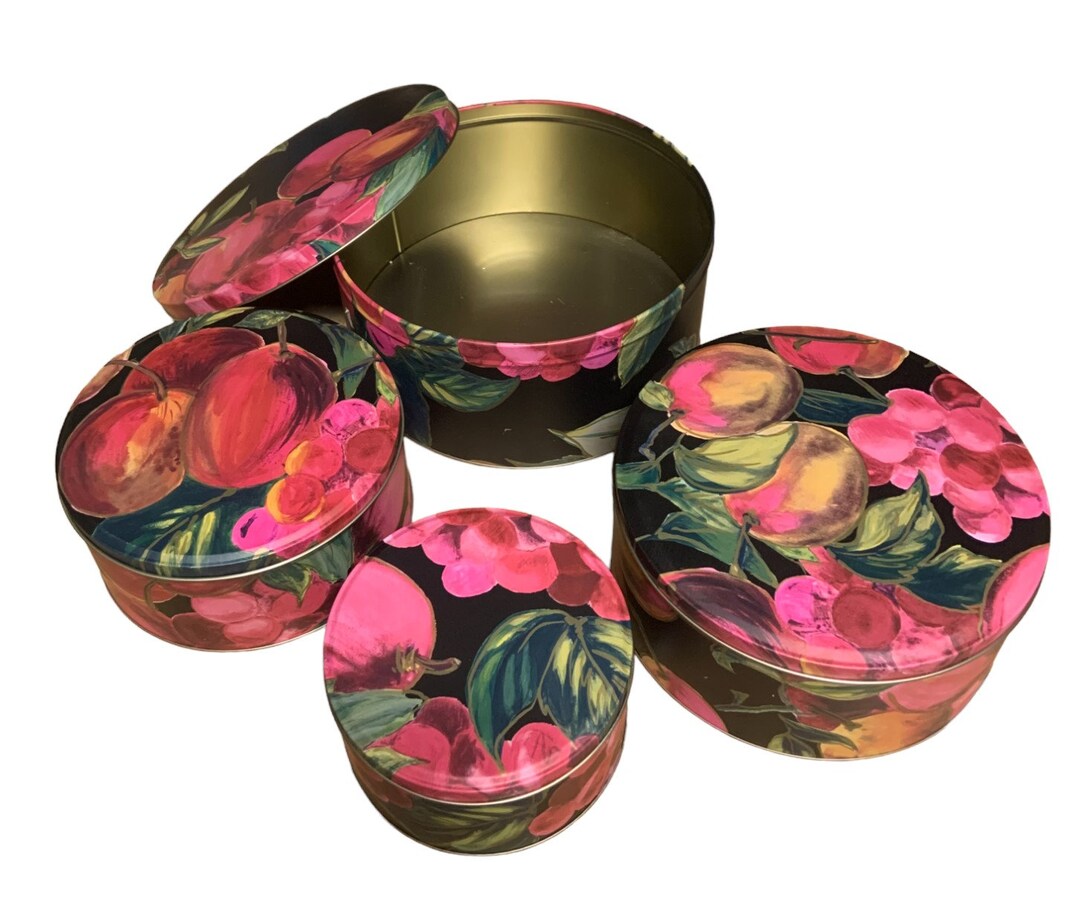 Vintage 4pc Black Floral Assorted Grapes Pears Apples Fruit Round ...