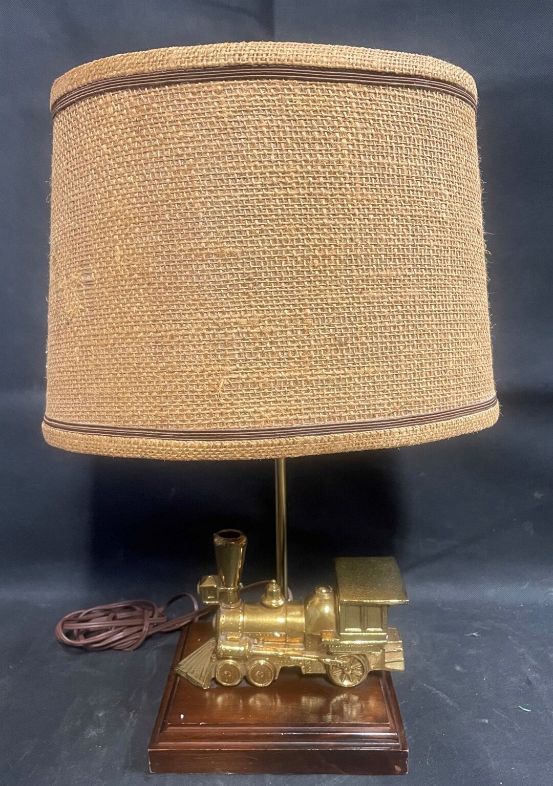 Antique Brass Railroad Steam Train Model Table Lamp Wooden Base Shade ...