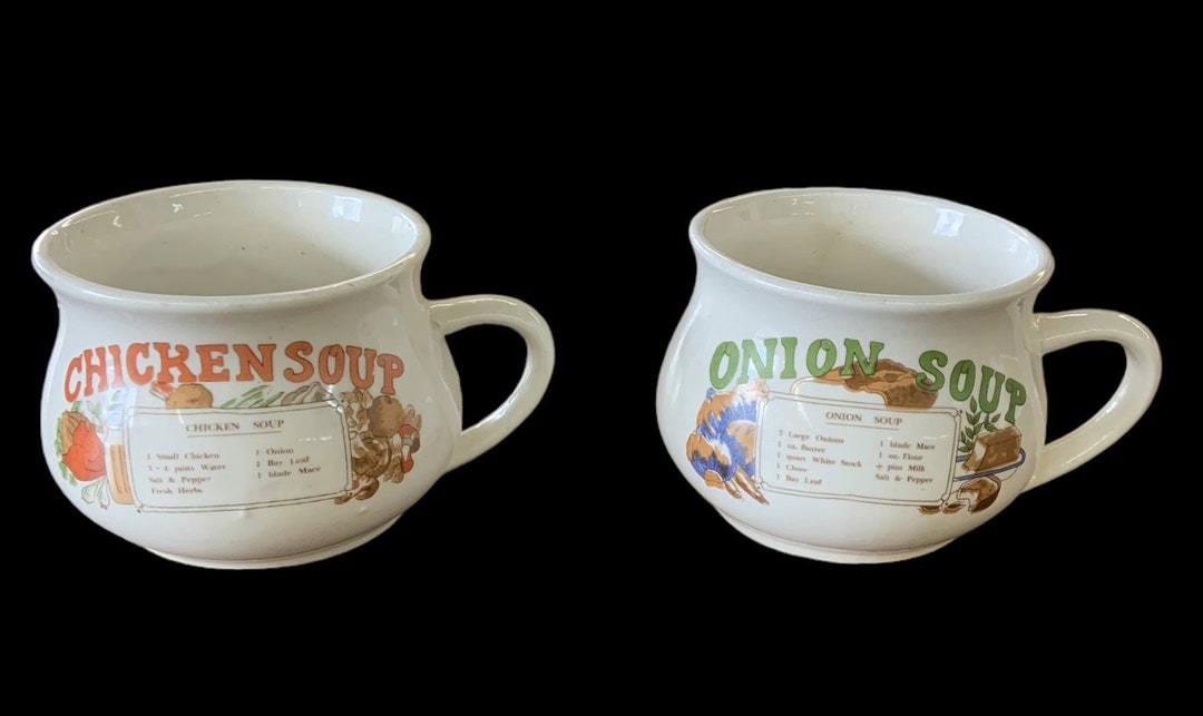 Soup Recipe Mugs Chicken Onion Pair Graphic White Cups Vintage Fine soup-recipe-mugs-chicken-onion-pair-graphic-white-cups-vintage-fine
