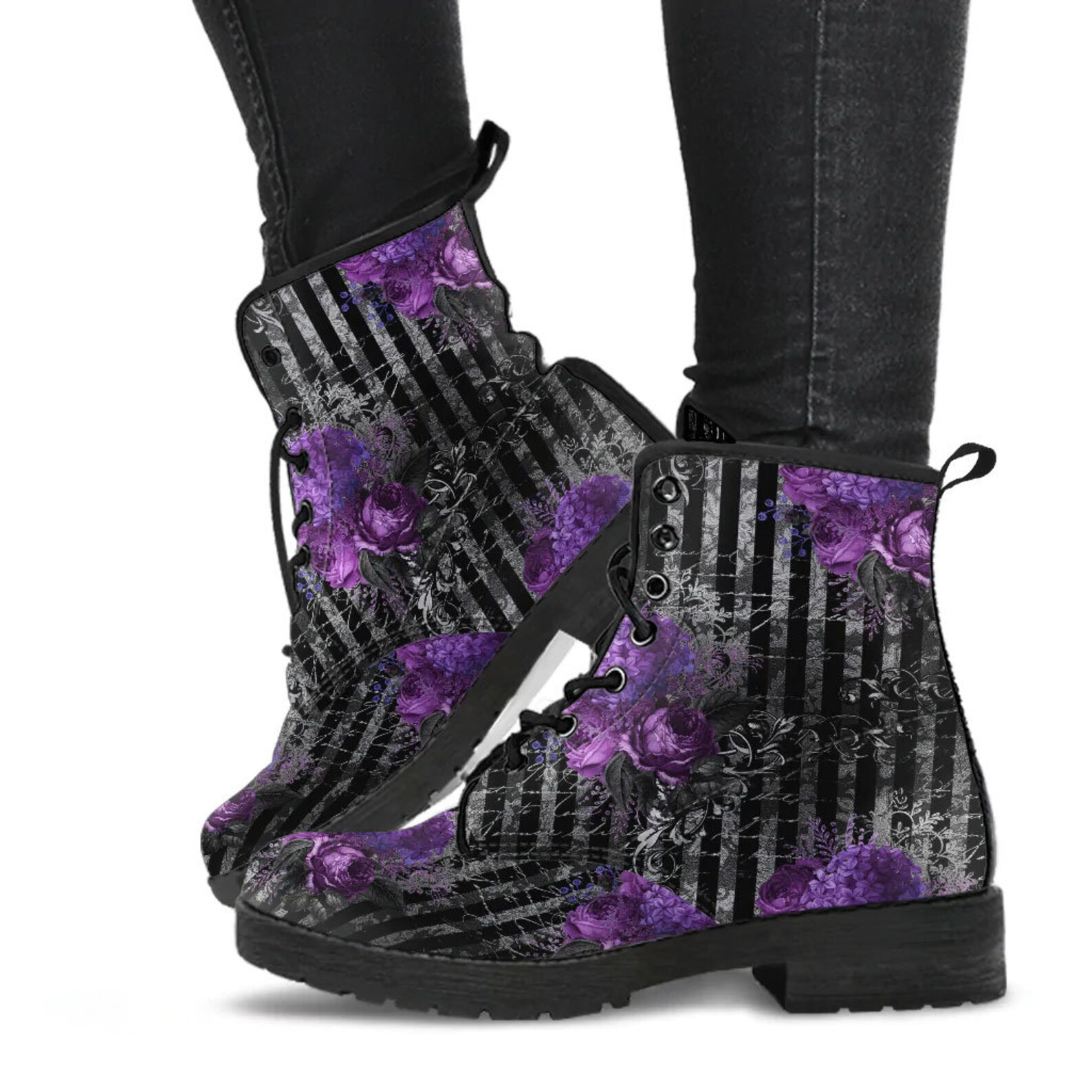 Silver Steampunk Gothic Purple Rose Combat Boots Goth Boots - Etsy