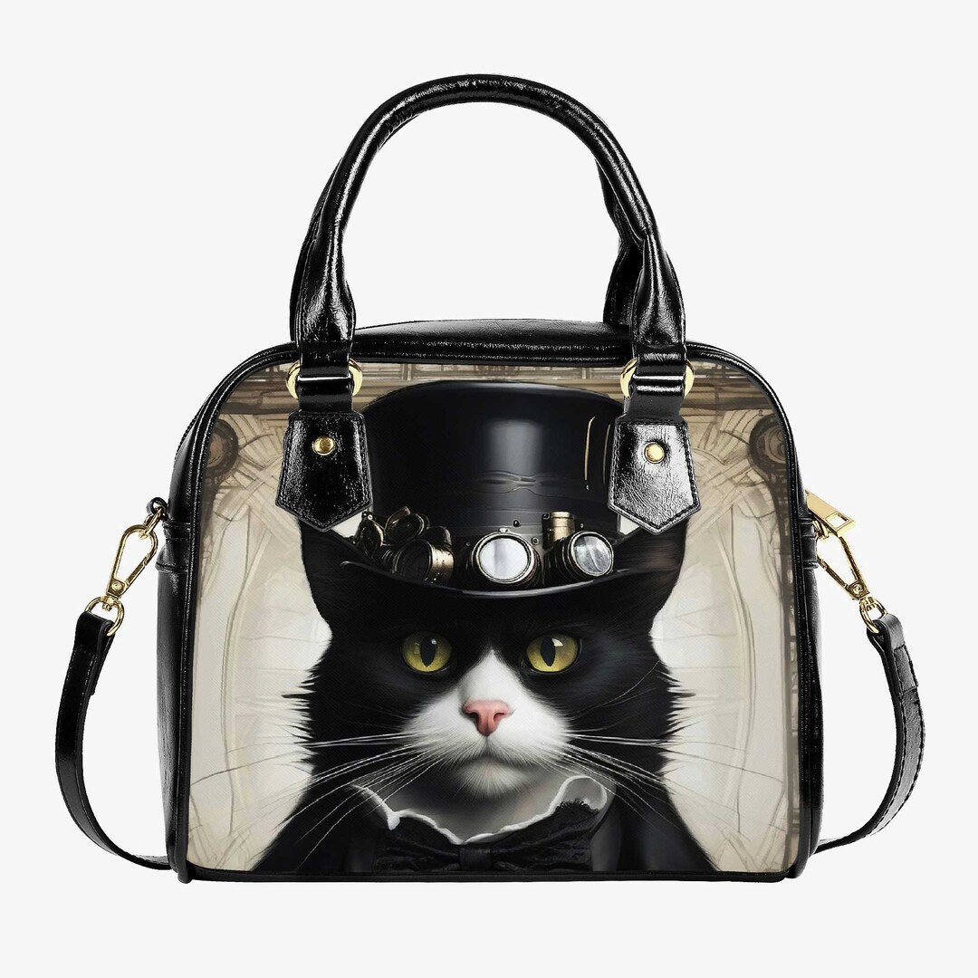 Steampunk Cat Shoulder Handbag - Steamcat Purse - Tuxedo Cat Fun Bag ...