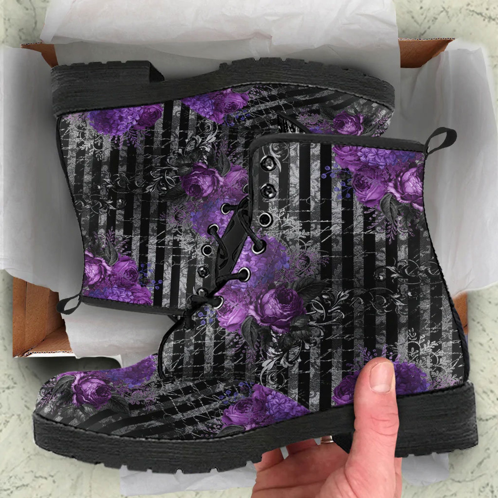 Silver Steampunk Gothic Purple Rose Combat Boots Goth Boots - Etsy