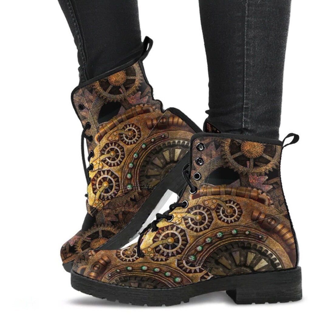 Steampunk Clockwork Gears Bronze Lace up Combat Boots - Gothic ...