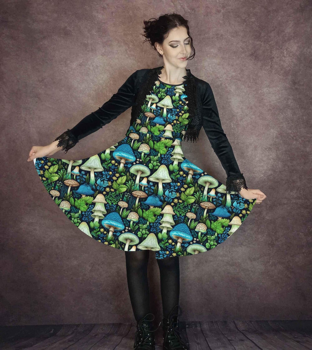 Mushroomcore Blue and Green Dress - Plus Size Toadstool Dress (AMUSHGB ...