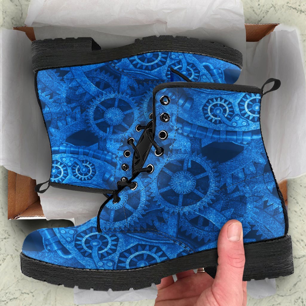 Steampunk Clockwork Gears Bright Blue Lace up Combat Boots - Gothic ...