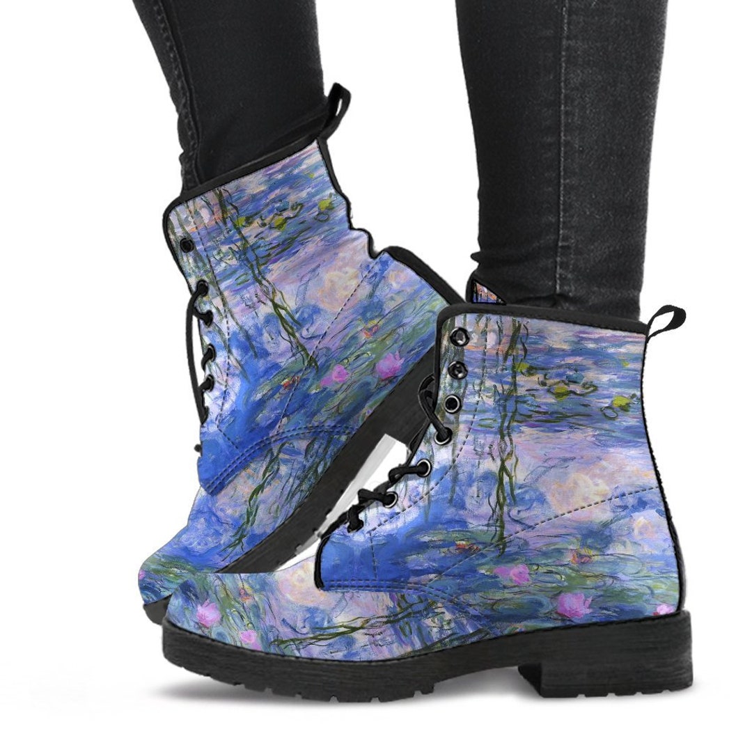 Monet Lilies Combat Boots - Beautiful Blue Toned Monet Festival Art ...