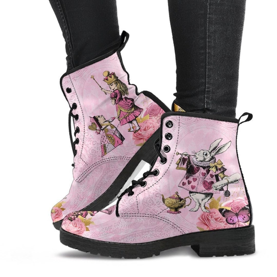 Alice in Wonderland Pink Combat Boots - Mad Hatter Tea Party Fun Boots ...