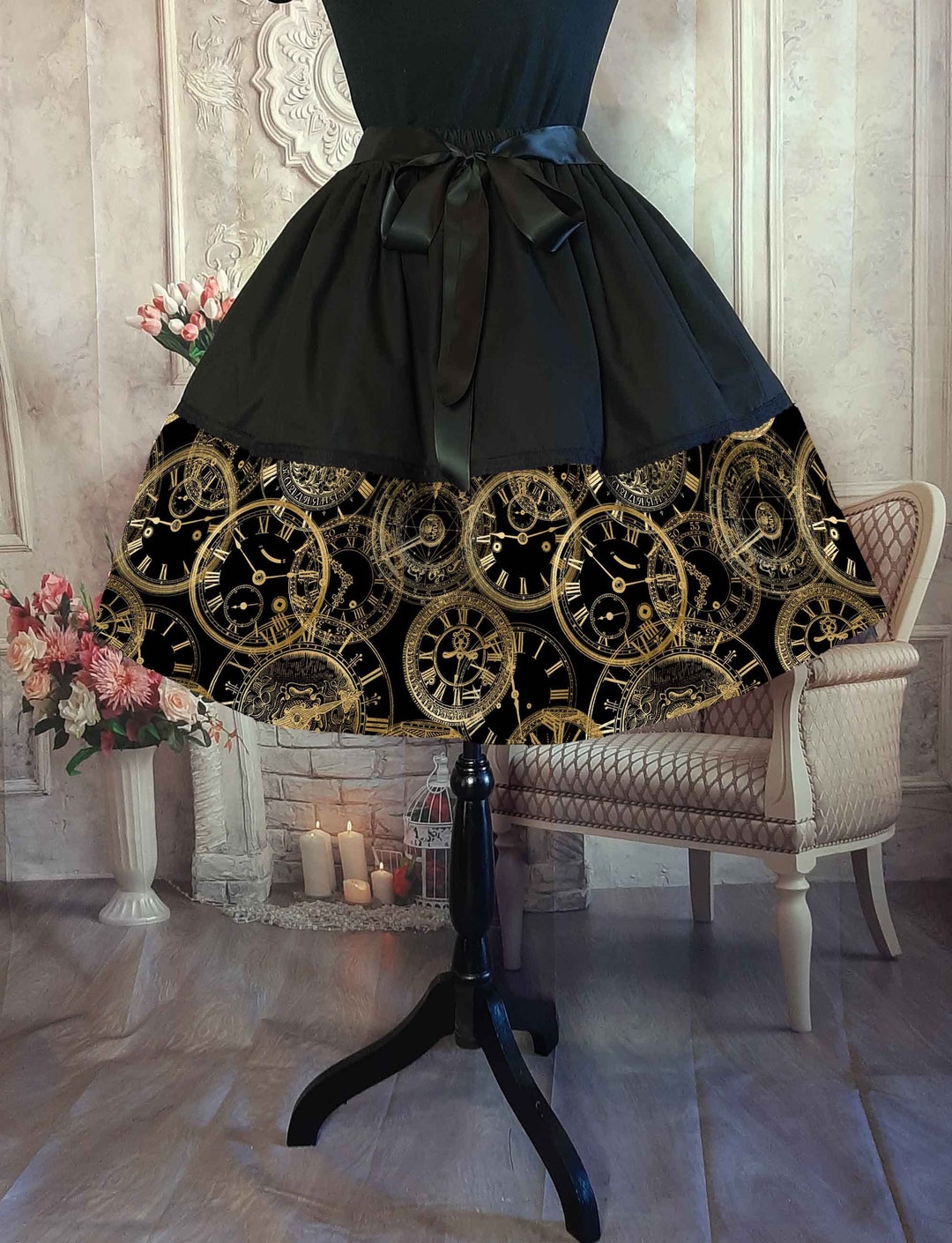 Steampunk Golden Clocks Full Skirt - 50's Style Costume Skirt ...